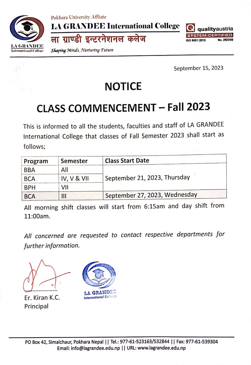 Notice Class Commencement Fall 2023 La Grandee International College