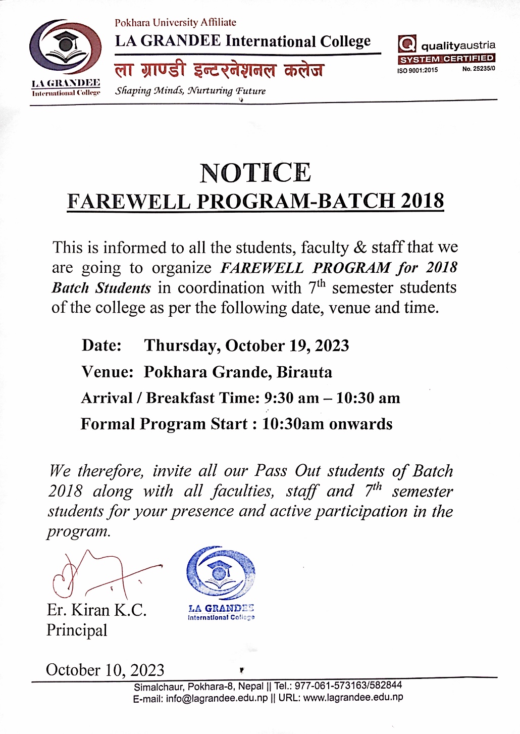 Farewell Notice to Batch 2018 | LA Grandee International College