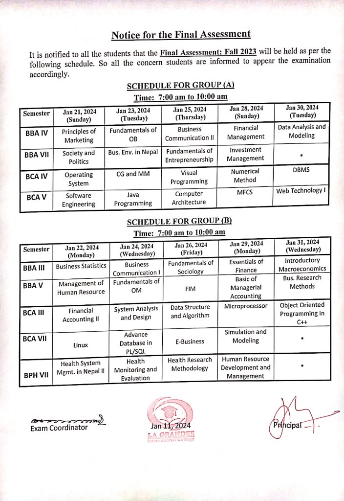 Notice for the Final Assessment - Fall 2023 | LA Grandee International ...