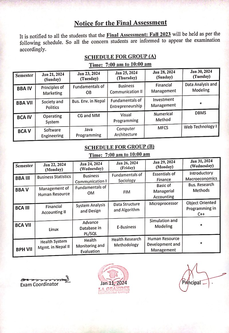 Notice for the Final Assessment - Fall 2023 | LA Grandee International ...