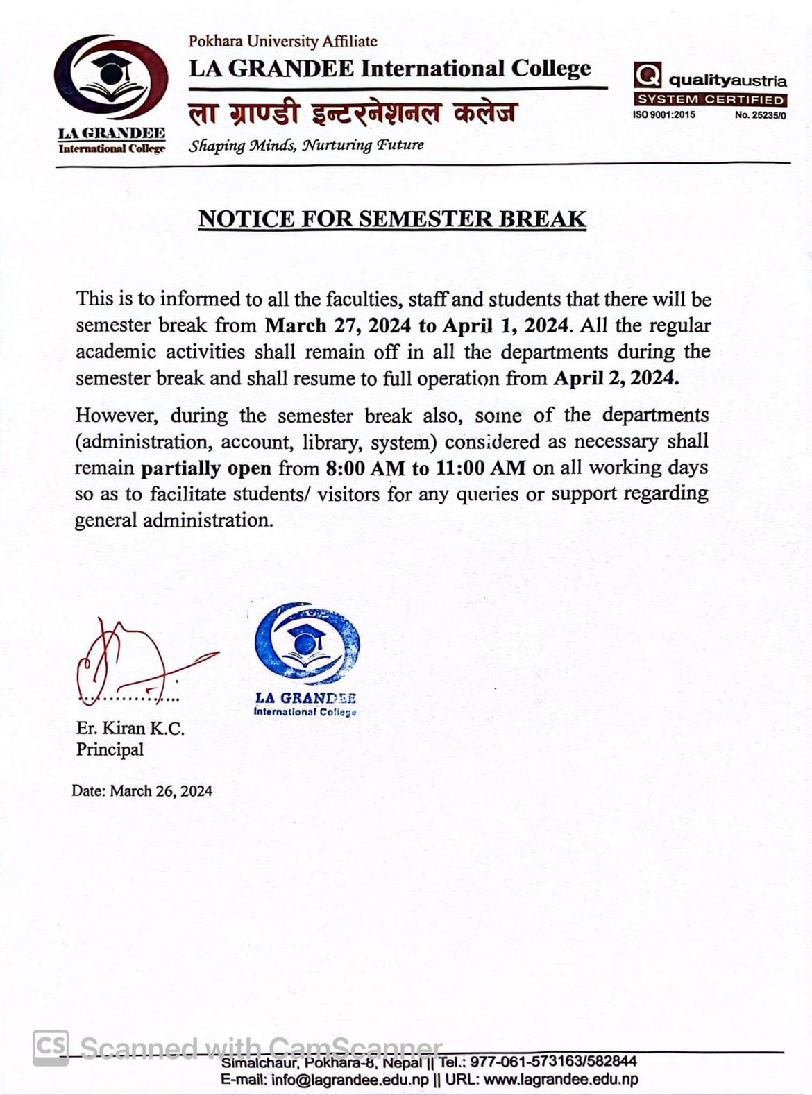 Notice for Semester Break | LA Grandee International College